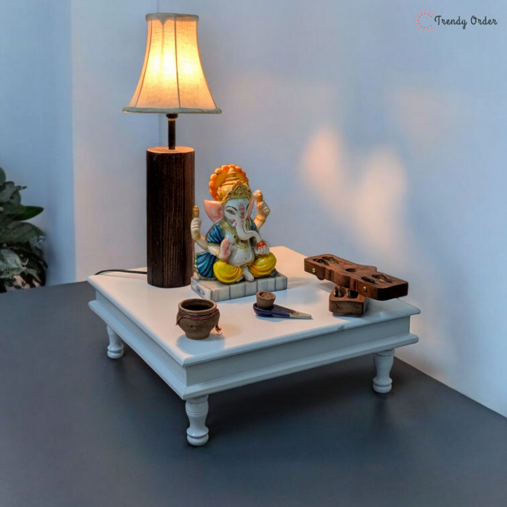 White Wooden Chowki Bajot stool for pooja