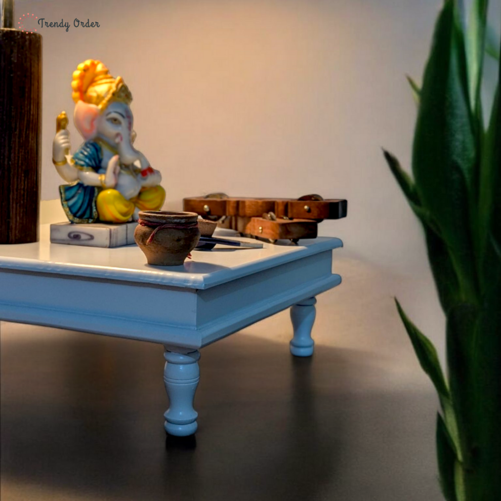 White Wooden Chowki Bajot stool for pooja