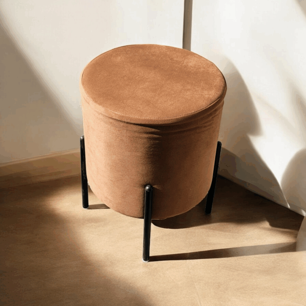 Camel Brown Round Ottoman Stool Modern Metal Leg Seat